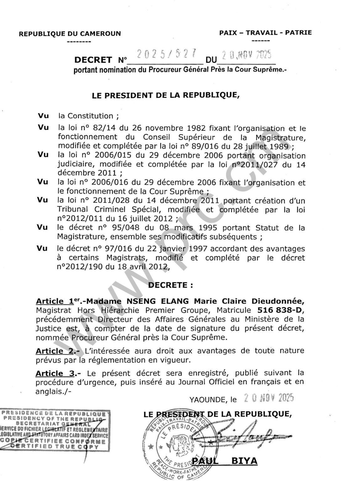 Paul Biya nomme un nouveau Procureur Général près de la Cour Suprême ...